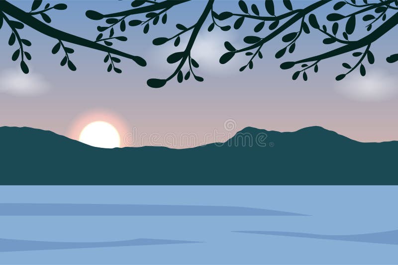 Landscape View Sun in Mountain and River Stock Vector - Illustration of ...