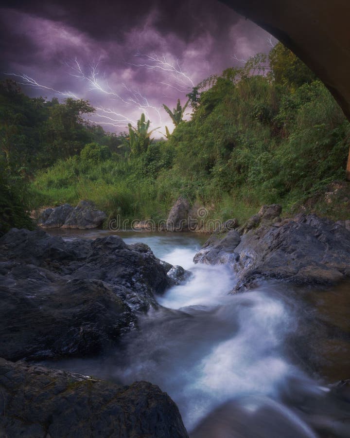 Landscape View with Thunderstorm Over River, Long Exposure Effect on ...