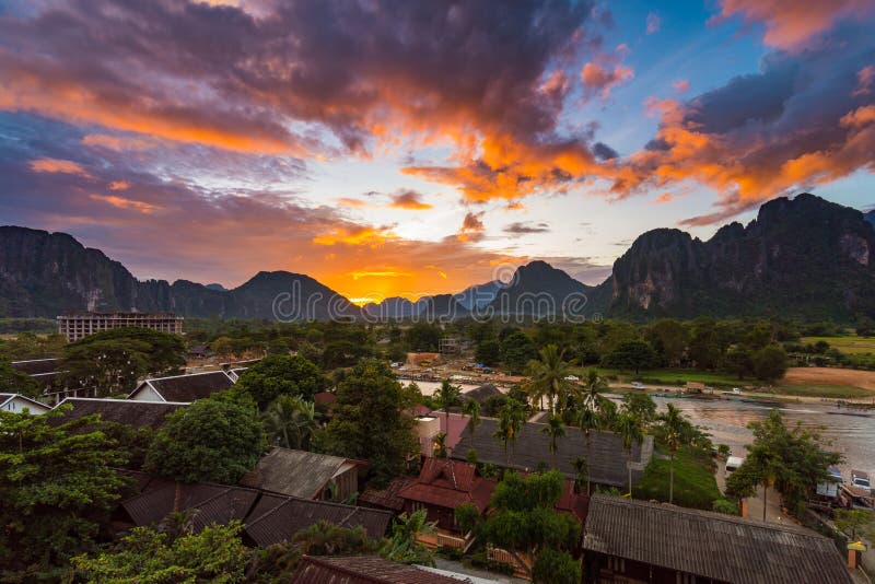 Landscape Viewpoint and Beautiful Sunset at Vang Vieng, Laos. Stock ...