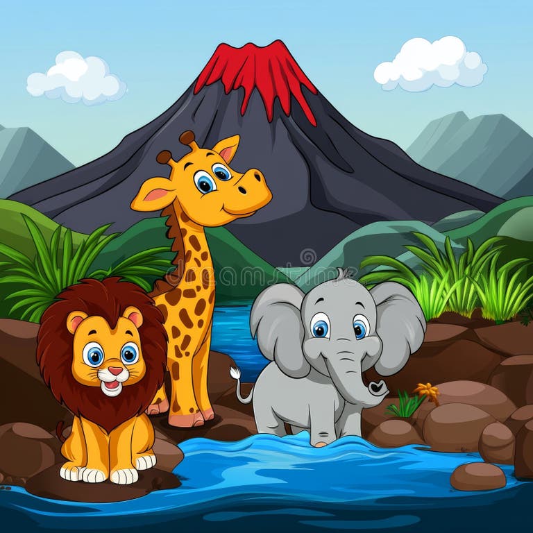 Landscape of Volcanic Eruptions with Animals Playing in the River Stock ...