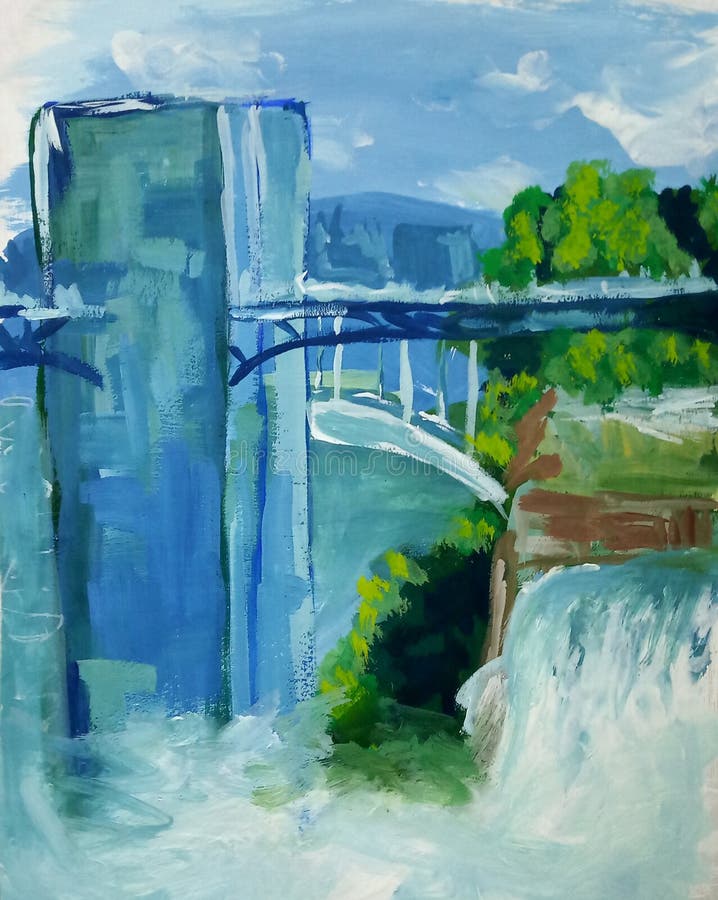 Landscape of Waterfall, High Building and Bridge in Blue Colour. Stock ...