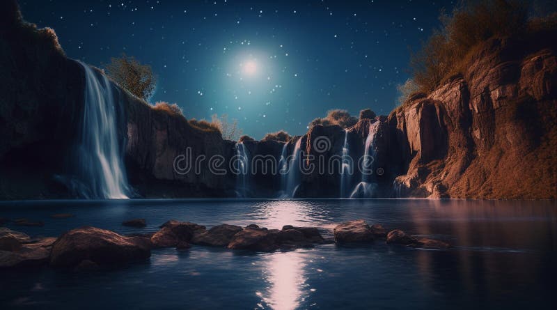 Landscape with Waterfall in Night. Generative AI Stock Illustration ...
