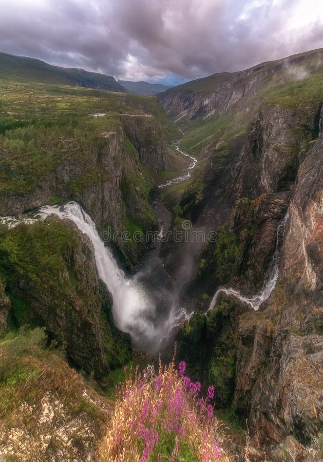 Landscape with Waterfall, River and Mountains, Norway. Stock Image ...