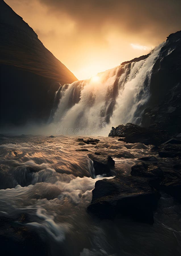 A Landscape with Waterfalls at Sunset. a River with Many Stones Stock ...