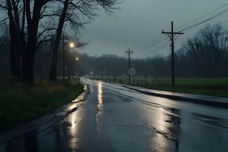A Landscape of a Wet Road on a Rainy Day Stock Image - Image of season ...