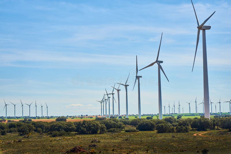 Landscape of Windmills in Spring with Fields Full of Brown and Green ...