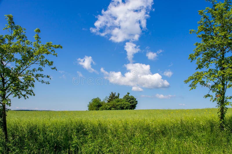 Landscape Window, Idyll with Green Meadow and Wide Sky Stock Photo ...