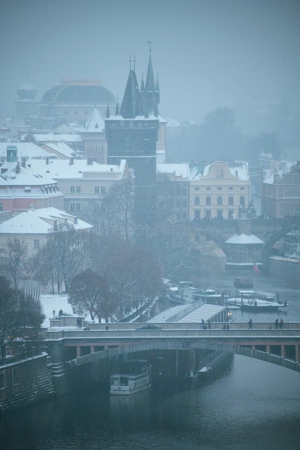 Landscape in Winter in Prague, Czech Republic with Vltava River Stock Image - Image of house ...