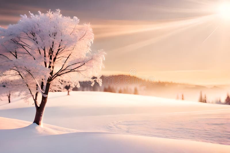 Landscape of Winter Snowy Field White Snowy Tree with Clear Cloudy Sky ...