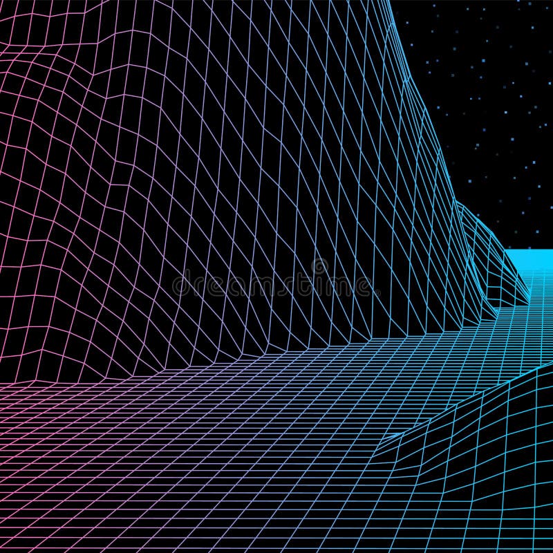 Landscape with Wireframe Grid of 80s Styled Retro Computer Game or ...