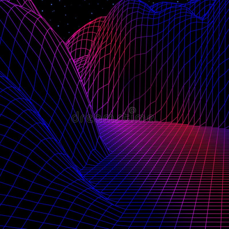 Landscape with Wireframe Grid of 80s Styled Retro Computer Game or ...