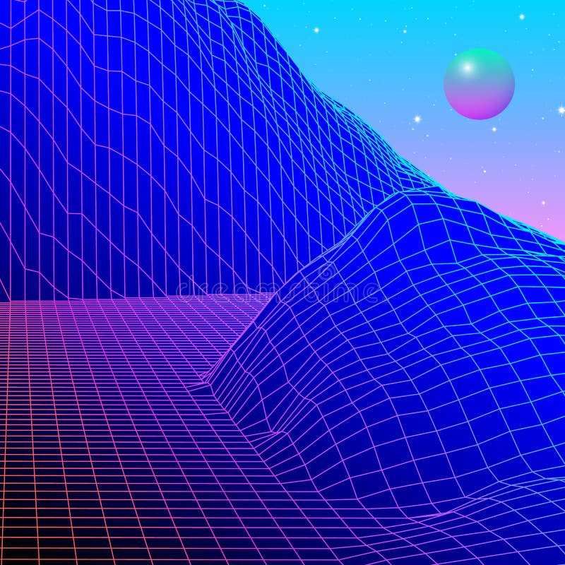 Landscape with Wireframe Grid of 80s Styled Retro Computer Game or ...