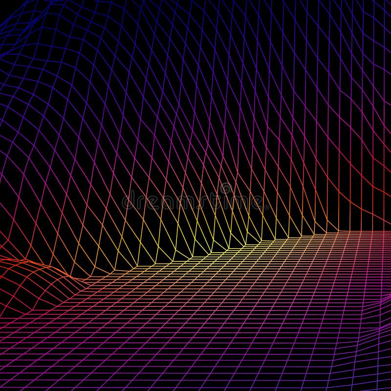 Landscape with Wireframe Grid of 80s Styled Retro Computer Game or ...