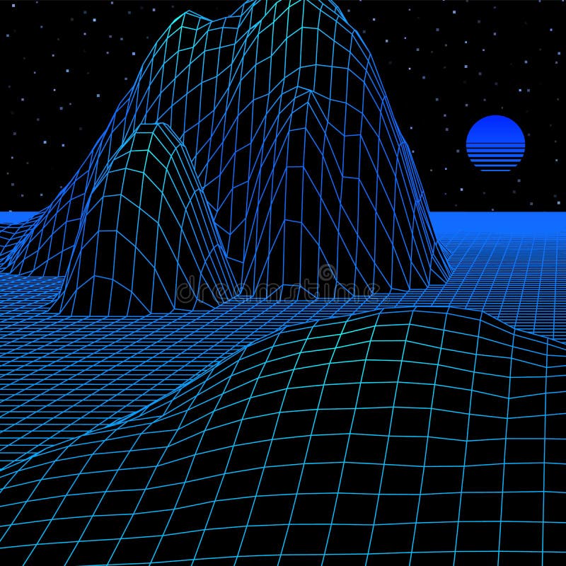 Landscape with Wireframe Grid of 80s Styled Retro Computer Game or ...