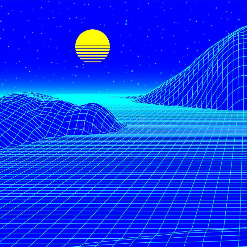 Landscape with Wireframe Grid of 80s Styled Retro Computer Game or ...