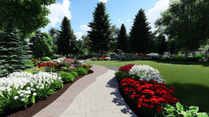 Landscaped Garden Path with Red and White Flowers Stock Illustration ...