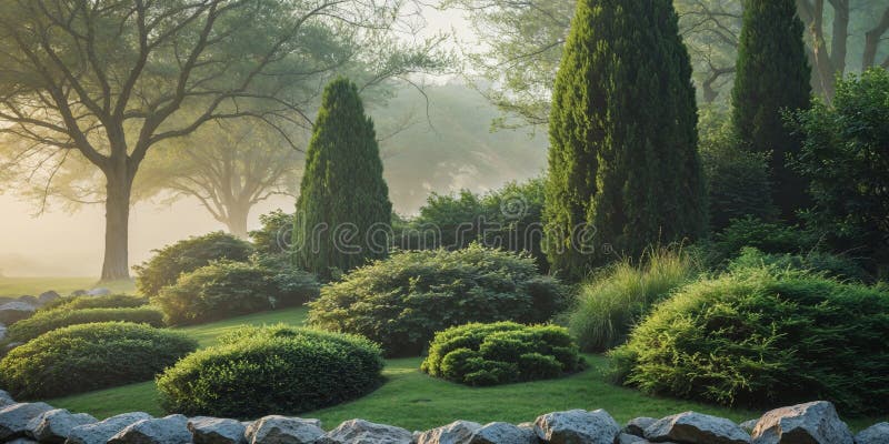 Landscaped Garden with Shrubs and Trees in Rock Border. Stock Image ...