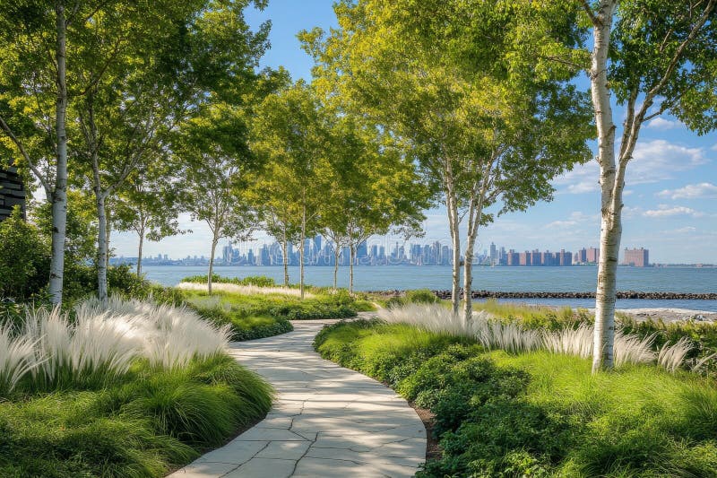 A Landscaped Waterfront Path Features Plants, Benches, and a Distant ...