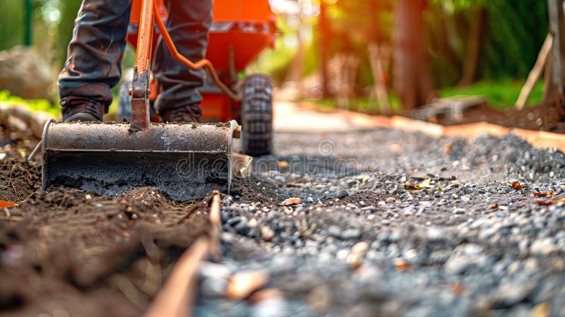 Landscaper Compacts Soil for Path Construction in a Sunlit Garden ...