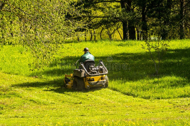 Landscaper Cutting Grass on Riding Lawn Mower Stock Image - Image of ...