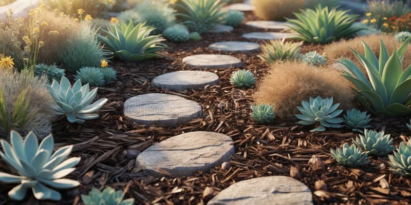 Landscaping Concept Close Up of Path with Stone Slabs Bark Mulch and ...