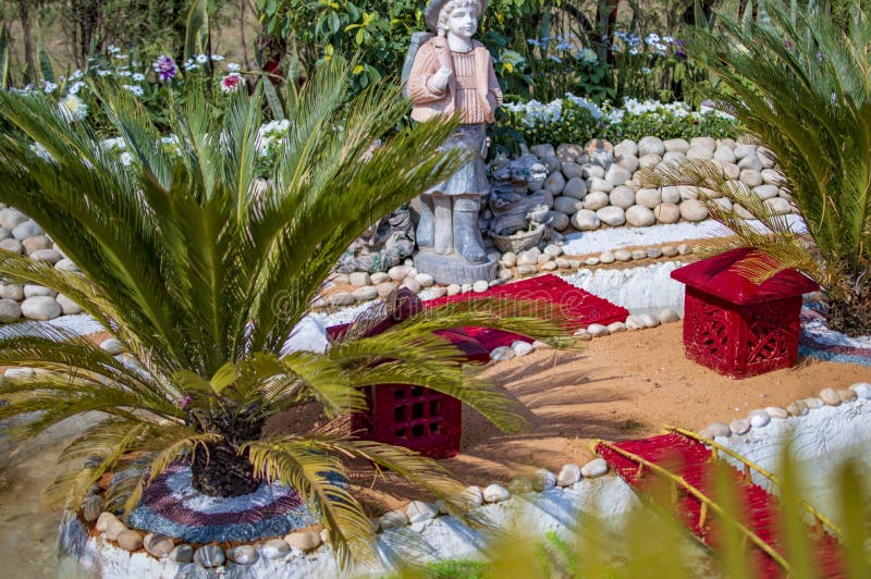 Landscaping Design with Palm and Pond Stock Image - Image of park ...