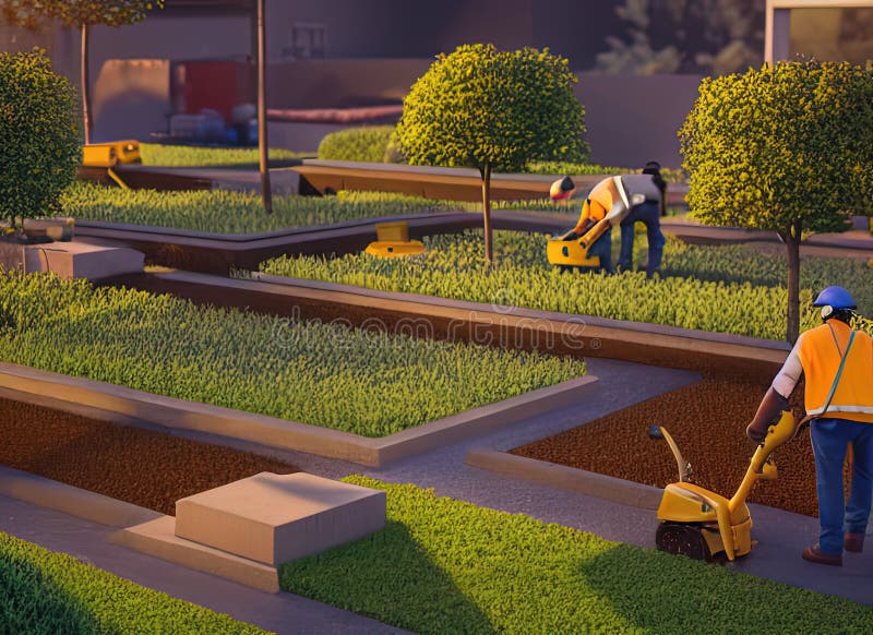 Landscaping and Groundskeeping Workers Fictional Work Enviroment Scene ...