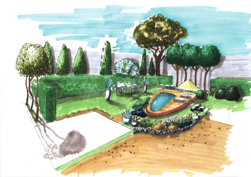 Landscaping Courtyard Classic Style, 3D Render Stock Illustration ...