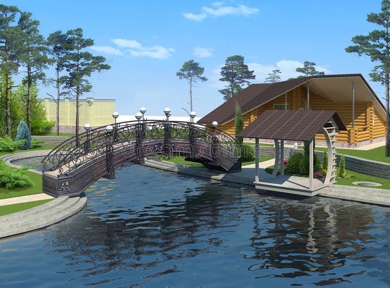 Landscaping Pond and Forged Bridge, 3D Rendering Stock Illustration ...