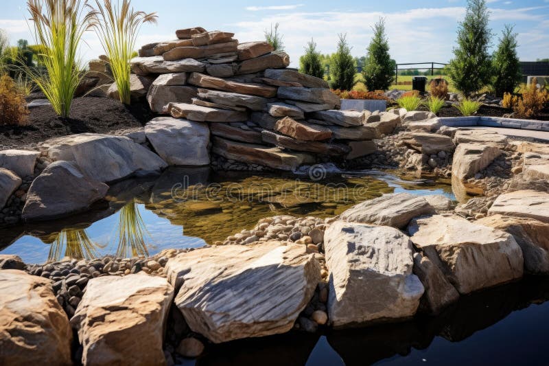 Landscaping Rocks Being Arranged Around a Pond Stock Illustration ...