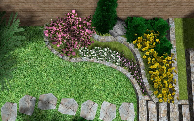 Small Garden Design. Landscape Composition of Plants, Lawn and Paths ...