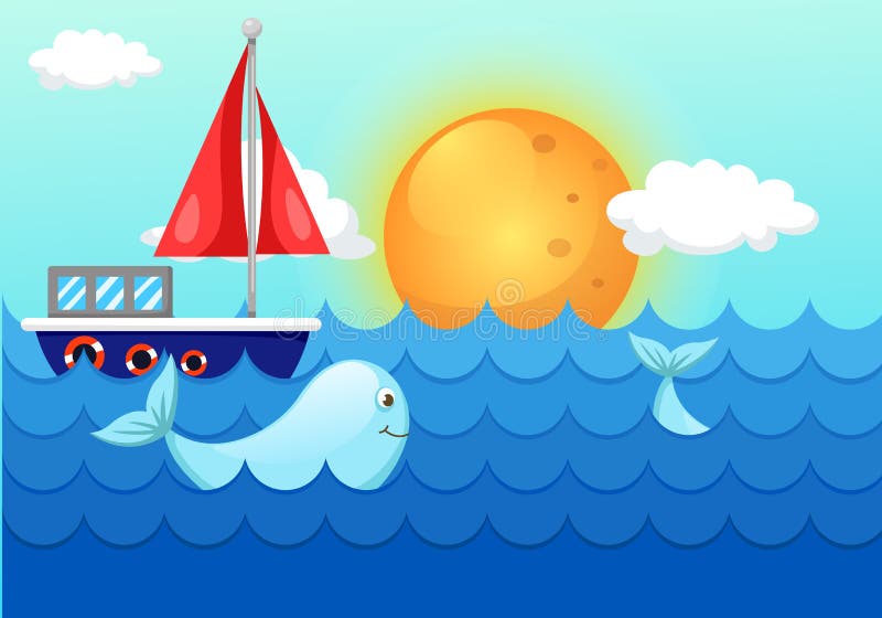 Landschaftsmeereswellen Mit Wal Und Boot Vektor Abbildung ...
