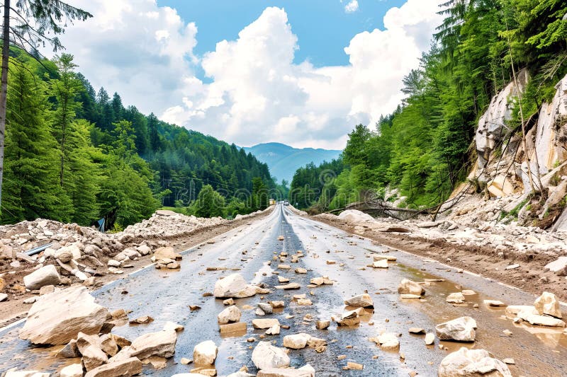 Landslide Blocked Mountain Road in Forested Area with Rocks ...