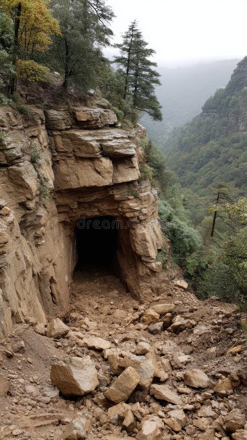 Landslide Blocking Cave Entrance in Forested Mountain Area Stock ...