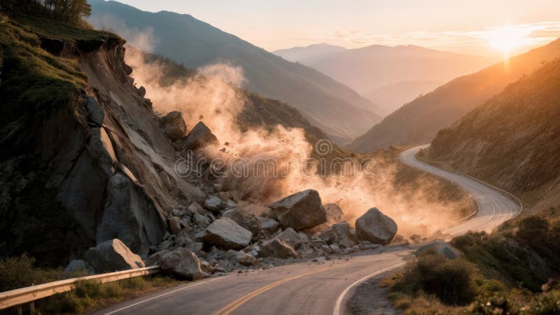 Landslide Breaking through Mountain Road at Sunrise Stock Illustration ...