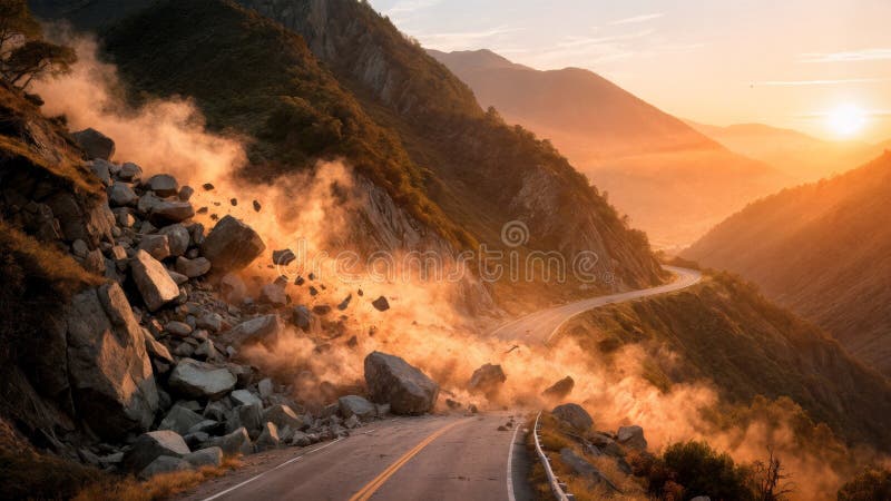 Landslide Breaking through Mountain Road at Sunrise Stock Illustration ...