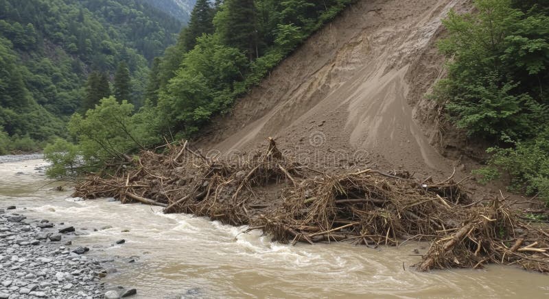 Landslide Debris Flows into River after Heavy Rainfall in Mountain Area ...