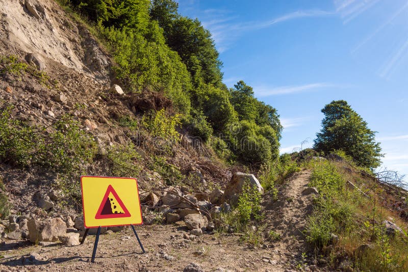 Landslide in Forest Dirt Road and Warning Sign. Stock Image - Image of ...