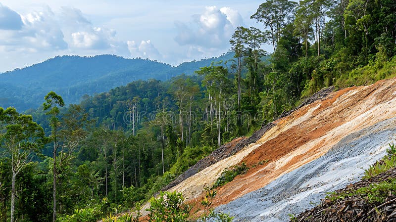 Landslide Revealing Layers of Soil and Rock in a Lush Green Mountain ...