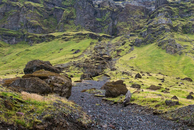 Landslide Rockfall Large Stones from Green Slopes Stock Image - Image ...