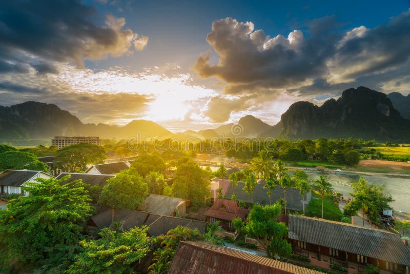 Landscape View Beautiful Sunset at Vang Vieng, Laos Stock Photo - Image of beach, grass: 140293894
