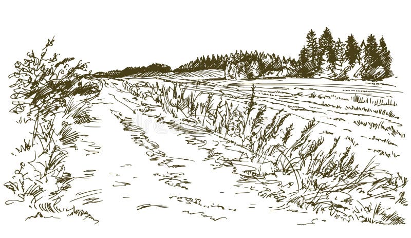 Landschaftslandschaft, Hand Gezeichnete Illustrationsskizze Vektor ...