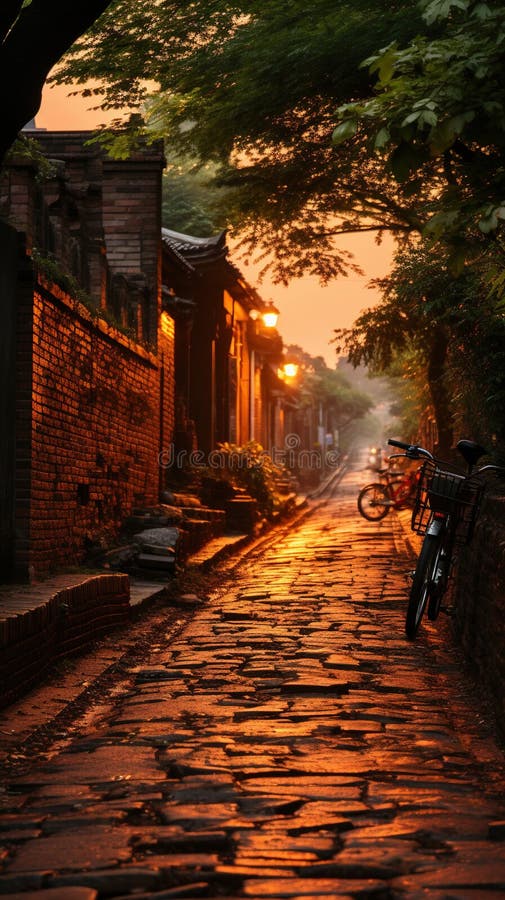 In the Lane Distant is Dusk Brick Wall Distant Sunset Bicycle Trees ...