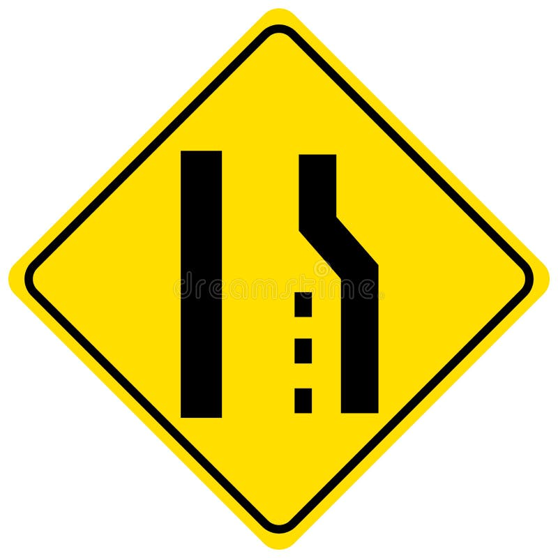 Lane Reduction Right Lane Ends Yellow Sign on White Background Stock ...