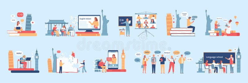 Language Course Flat Set stock vector. Illustration of school - 276302827