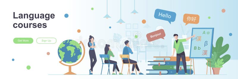 Language Courses Landing Page with People Characters. Teaching Service ...