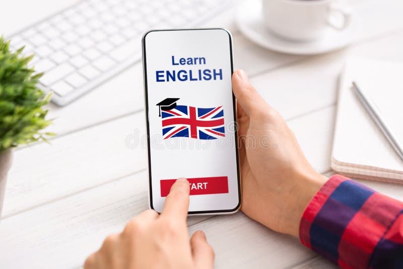 Language Educational App Opened on Smartphone in Man`s Hands Stock ...