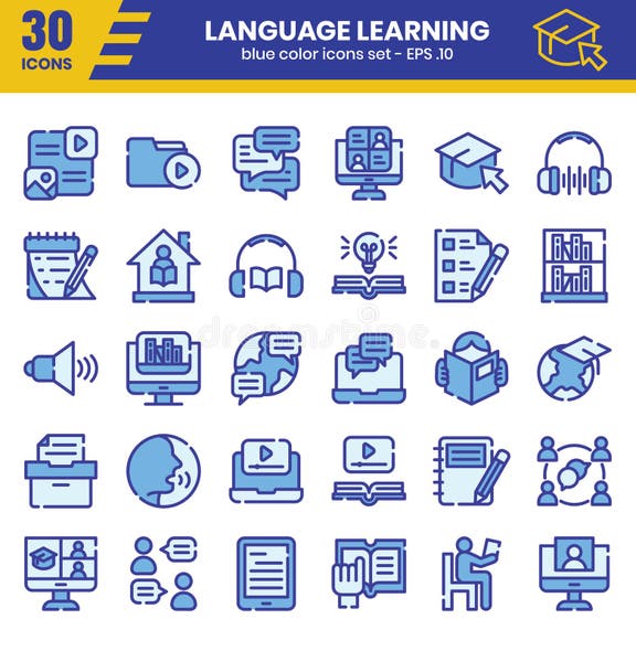 Language Learning Blue-color Outline Icon Set. Vector Illustration ...