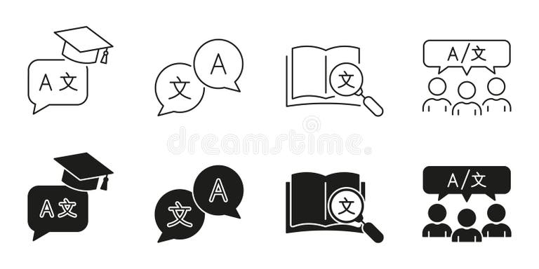Language Learning and Education Icon Set. Multilingual Communication ...