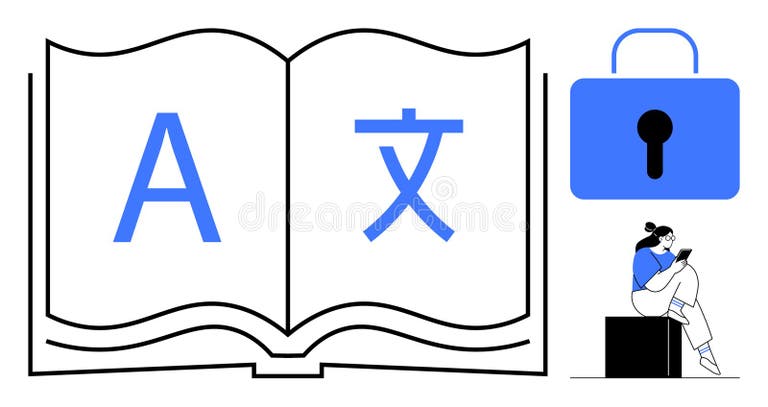 Language Learning and Security Concept with Open Book, Lock, and Person ...